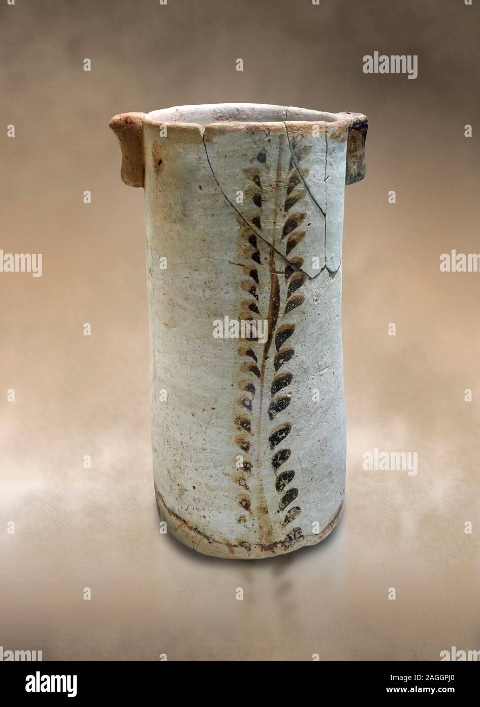 Minoan cylindrical vessel decorated with leafy bands, Akrotiri, Thira ...