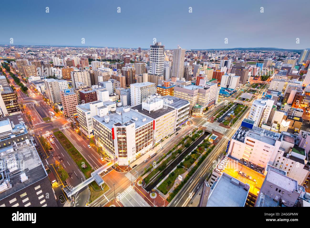 Sapporo, Japan cityscape and intersection from above in the central ...