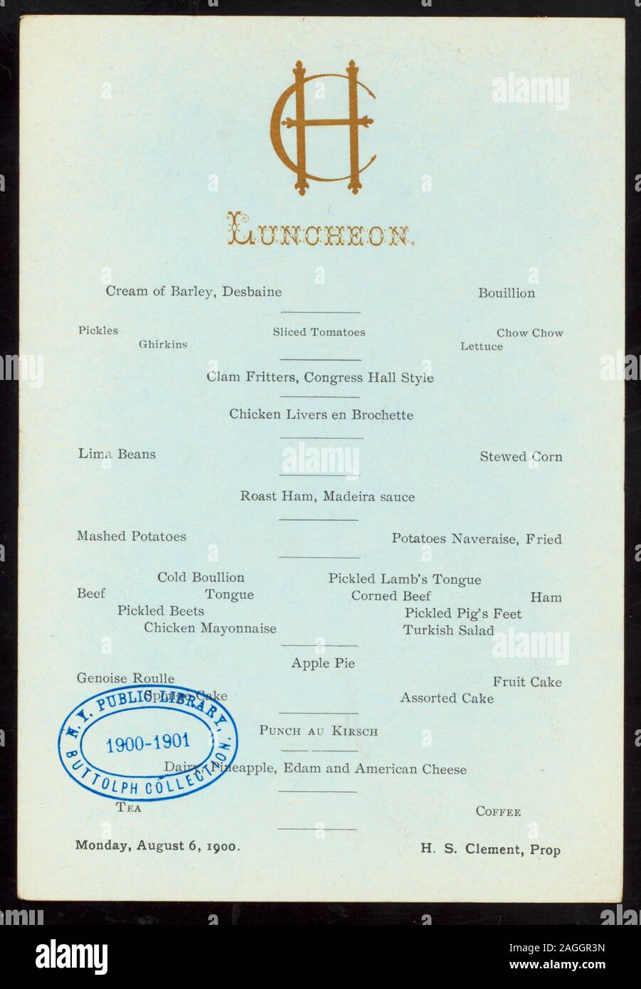 TABLE D'HOTE MENU; MONOGRAM CH AT TOP OF MENU; SPONSOR & PLACE INFO ...
