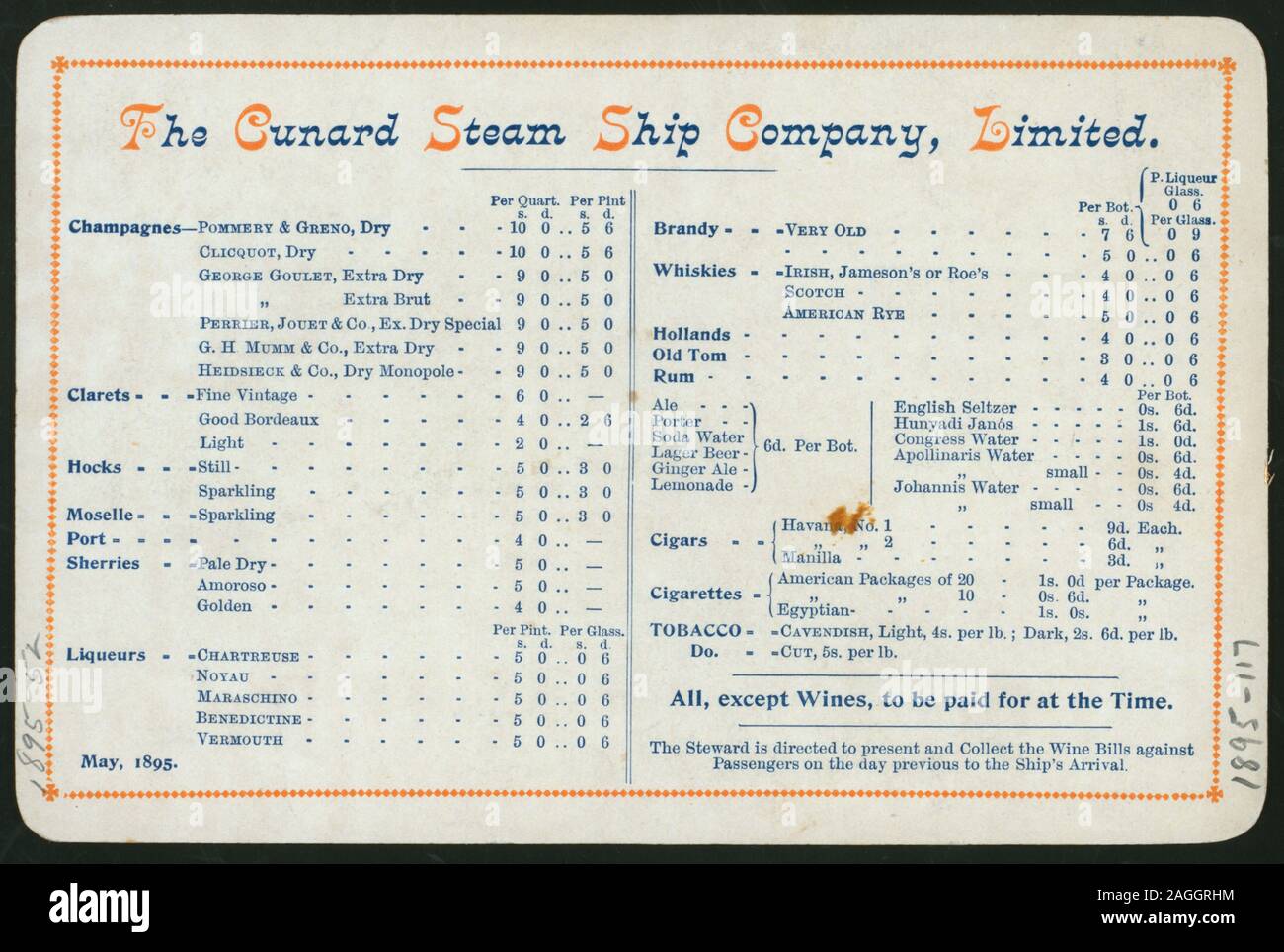 HANDWRITTEN; PRICED WINE LIST; RED FLAG WITH LION; LUNCHEON [held by ...