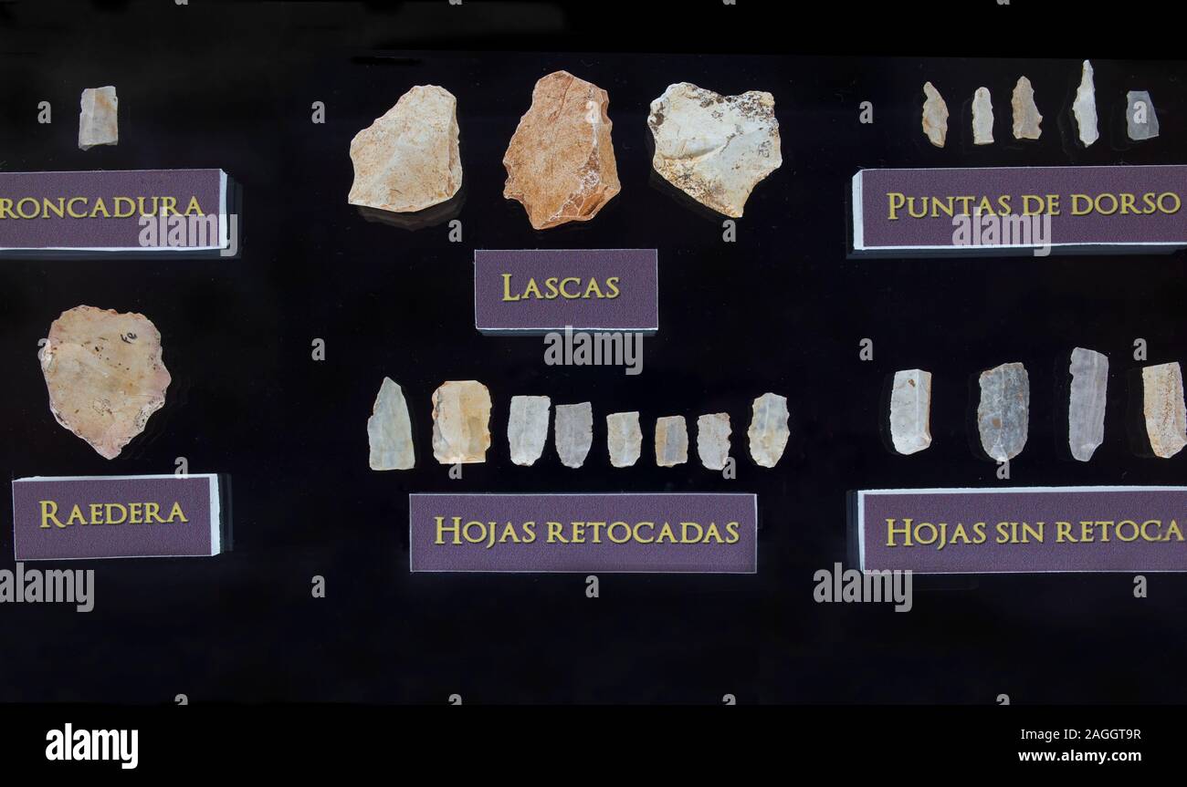 Cabra, Spain - May 19th, 2019: Epipalaeolithic lithic industry tools as ...