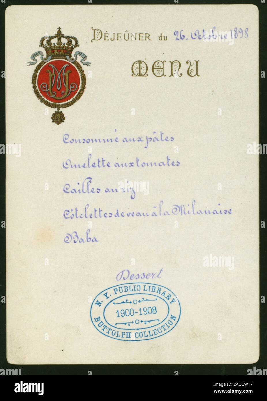 CREST; HANDWRITTEN; INFORMATION HANDWRITTEN ON BACK OF MENU; LUNCHEON ...