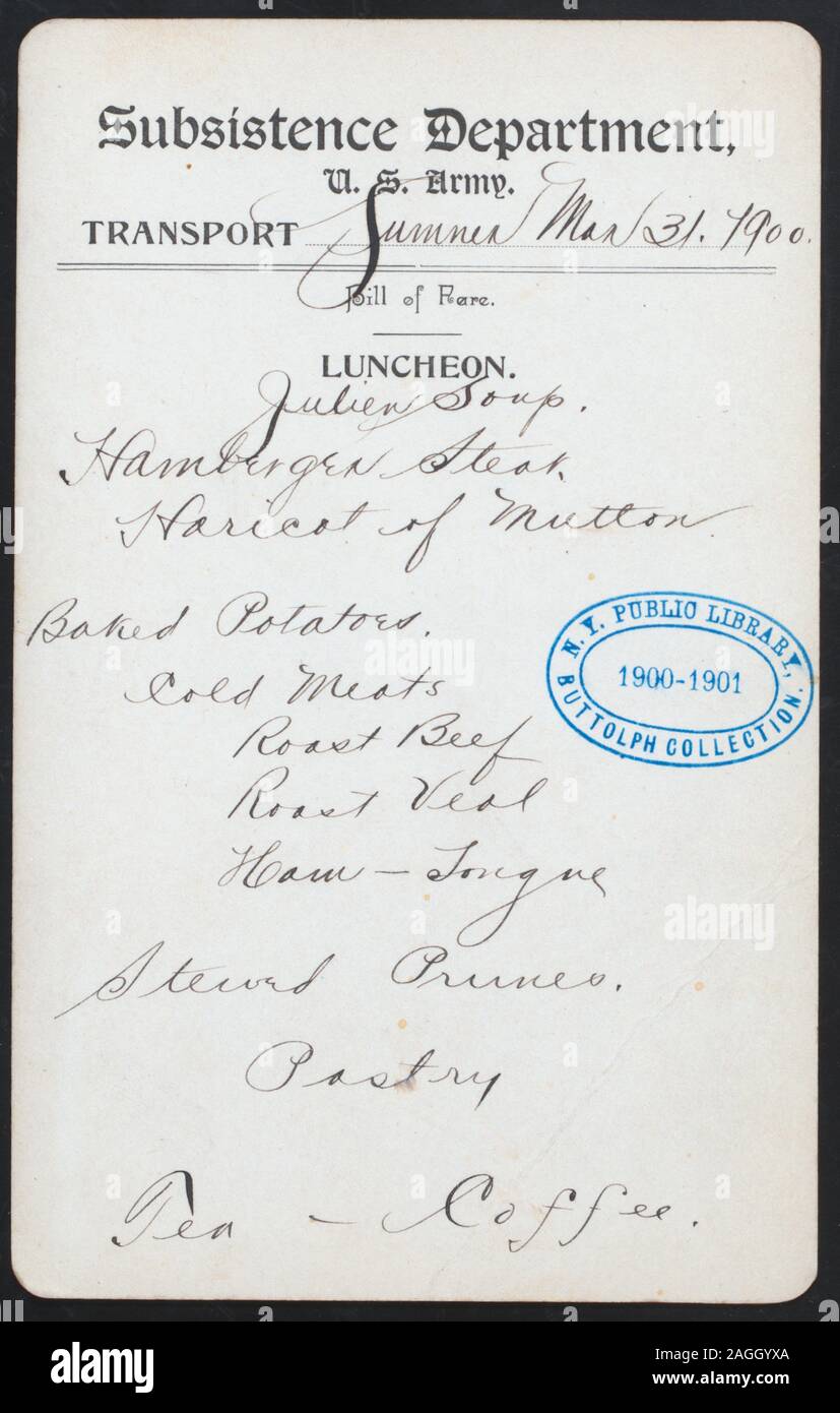 MENU HANDWRITTEN; SUMMER; LUNCHEON [held by] U.S. ARMY - SUBSISTENCE ...