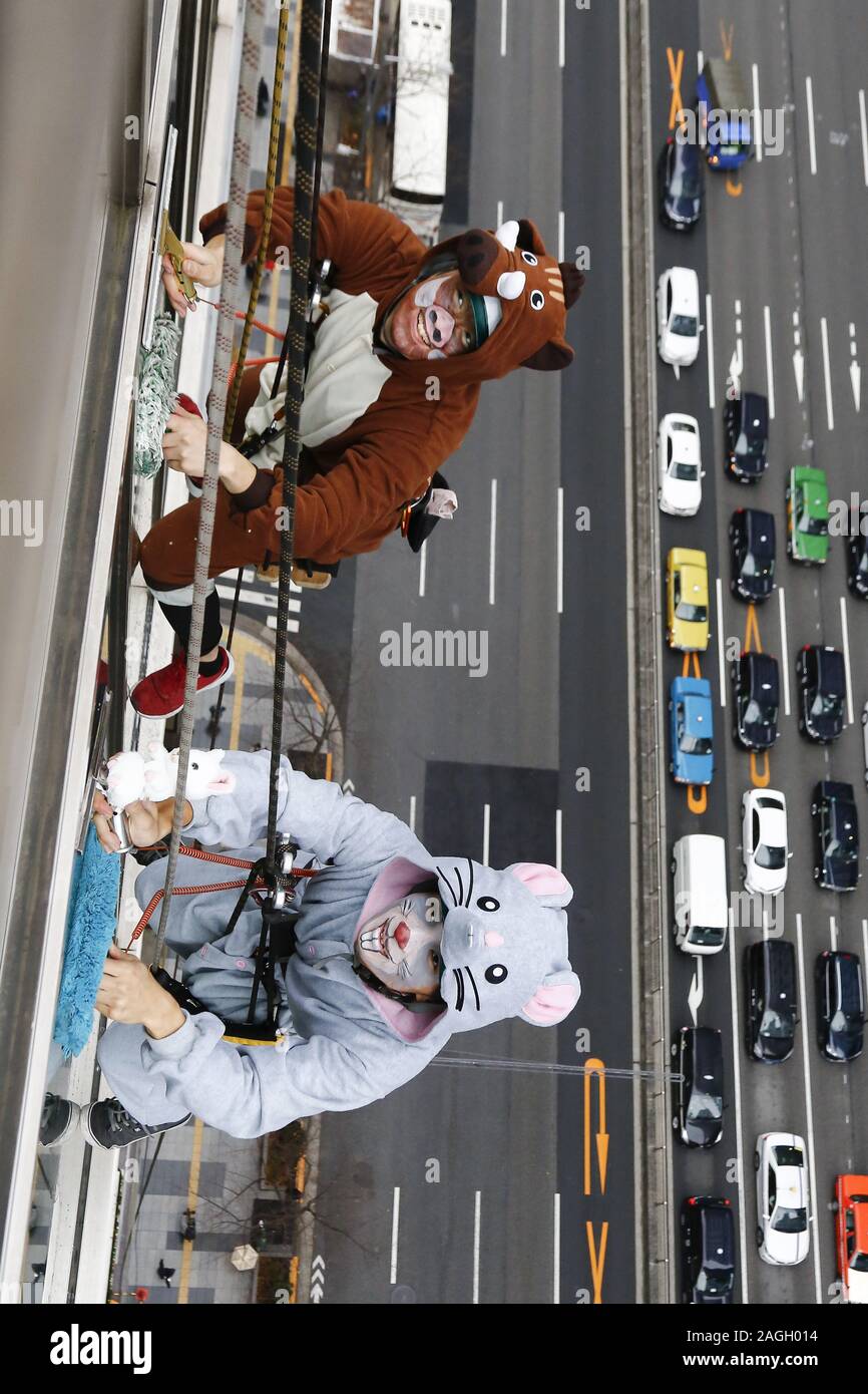 Tokyo, Japan. 19th Dec, 2019. Window cleaners dressed as a wild boar ...