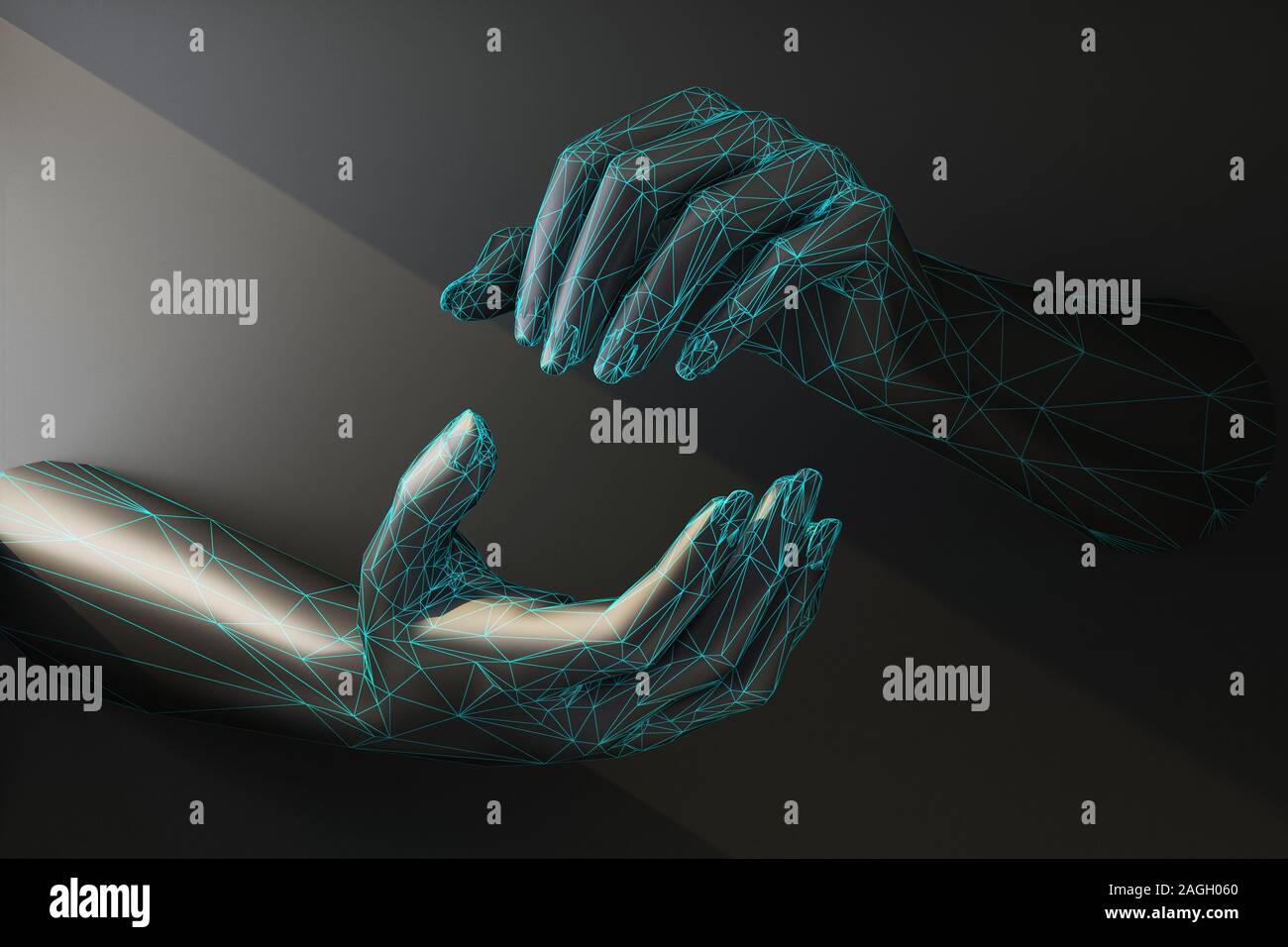 gesture with two black wireframe hands holding an invisible. 3d ...