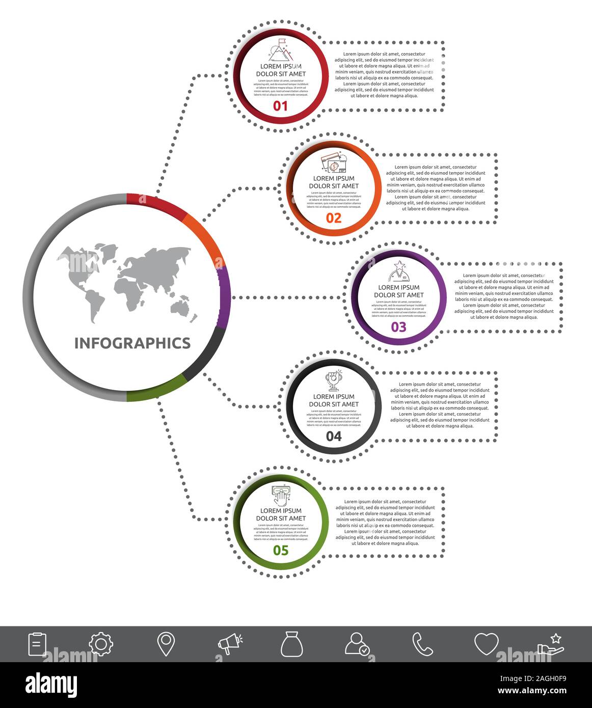 Vector infographic with main circle and 5 labels. Circles with icons ...