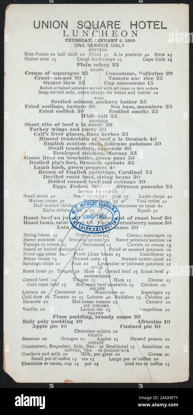 ONE SERVICE ONLY; LUNCHEON MENU [held by] UNION SQUARE HOTEL [at ...
