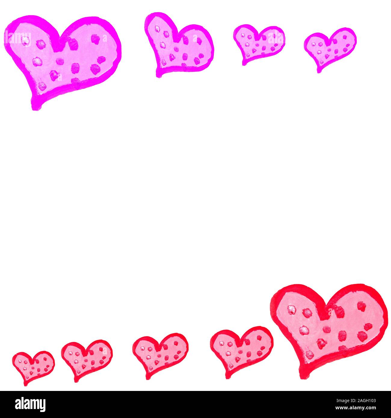 Watercolor frame for Valentine's Day. Cute red and pink hearts on white ...