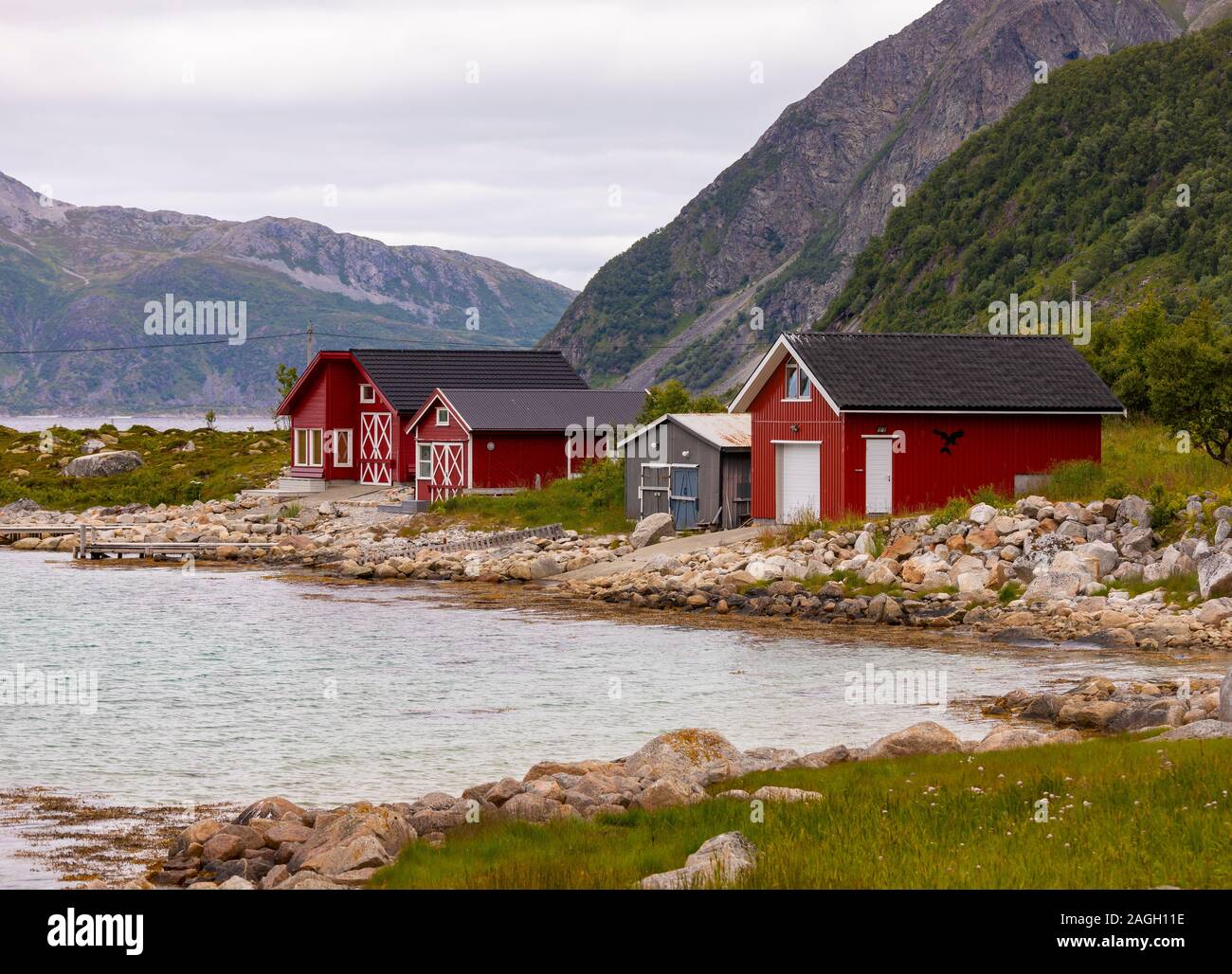 KVALØYA ISLAND, TROMS COUNTY, NORWAY - Buildings and coastal landscape ...