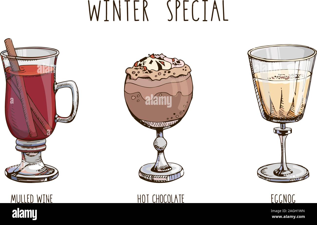 Set of popular hot winter drinks isolated on white. Colorful vector ...