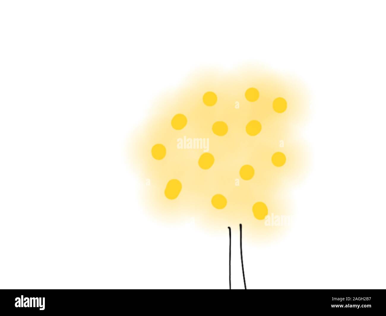 Yellow hand drawn tree with round crown, isolated white background ...