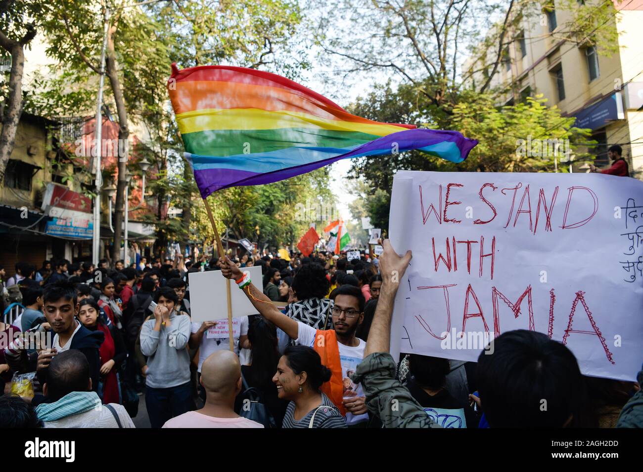 Protesters waving a rainbow coloured flag during massive demonstrations ...