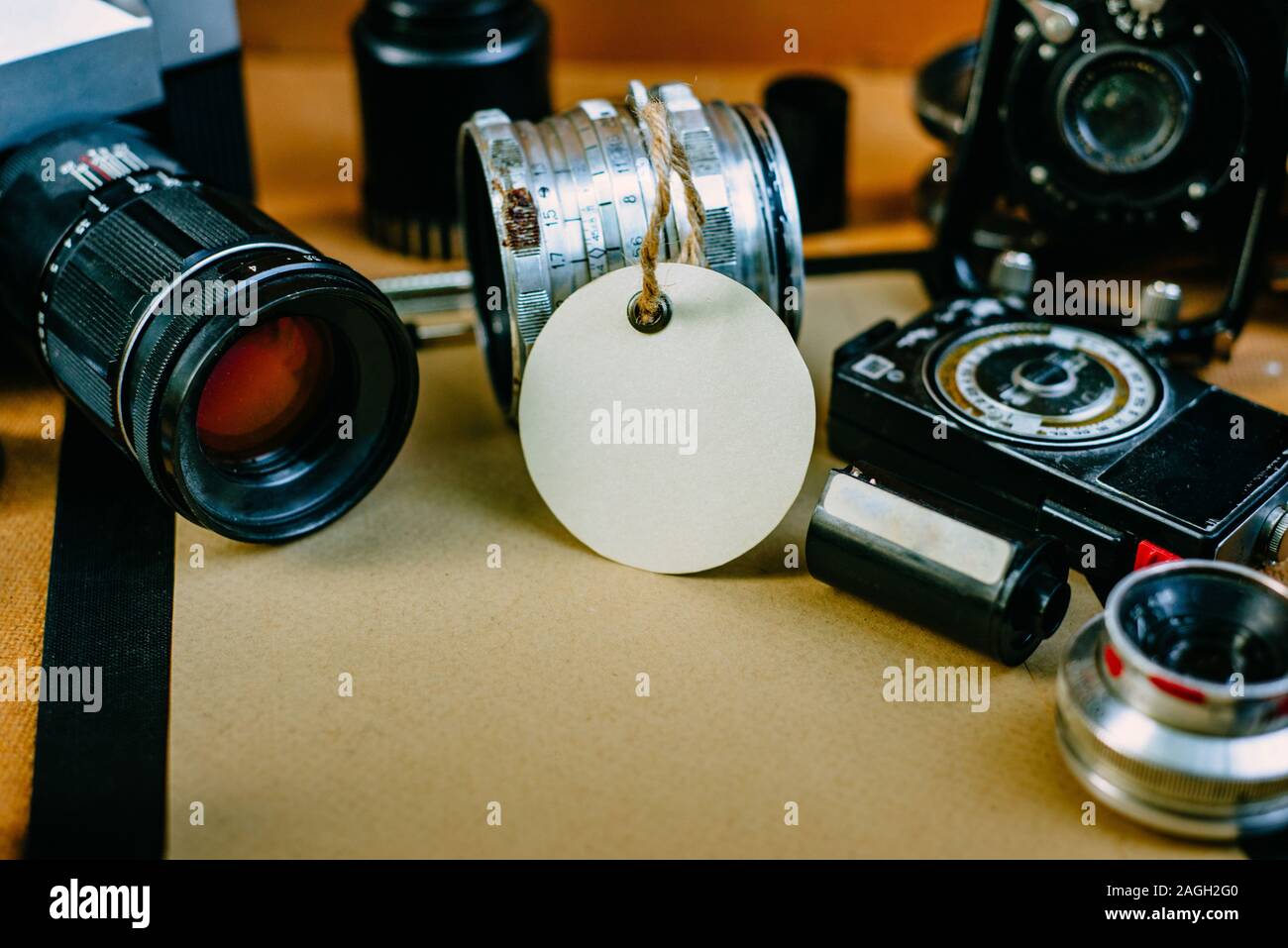 Closeup retro mockup, Clip board with paper and round label. Retro ...