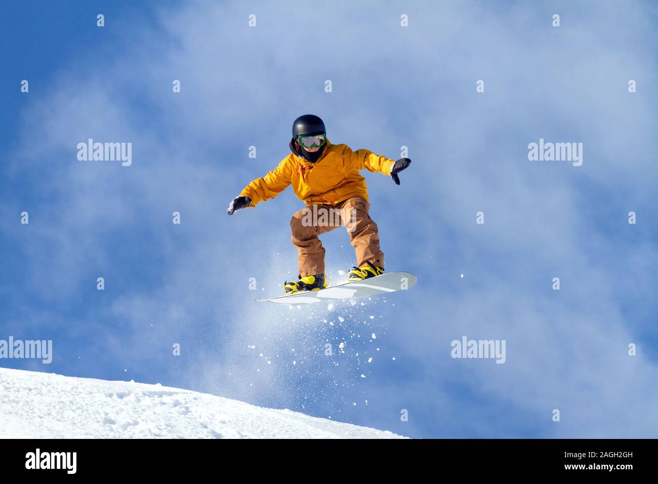 jump with snowboard in fresh snow Stock Photo - Alamy