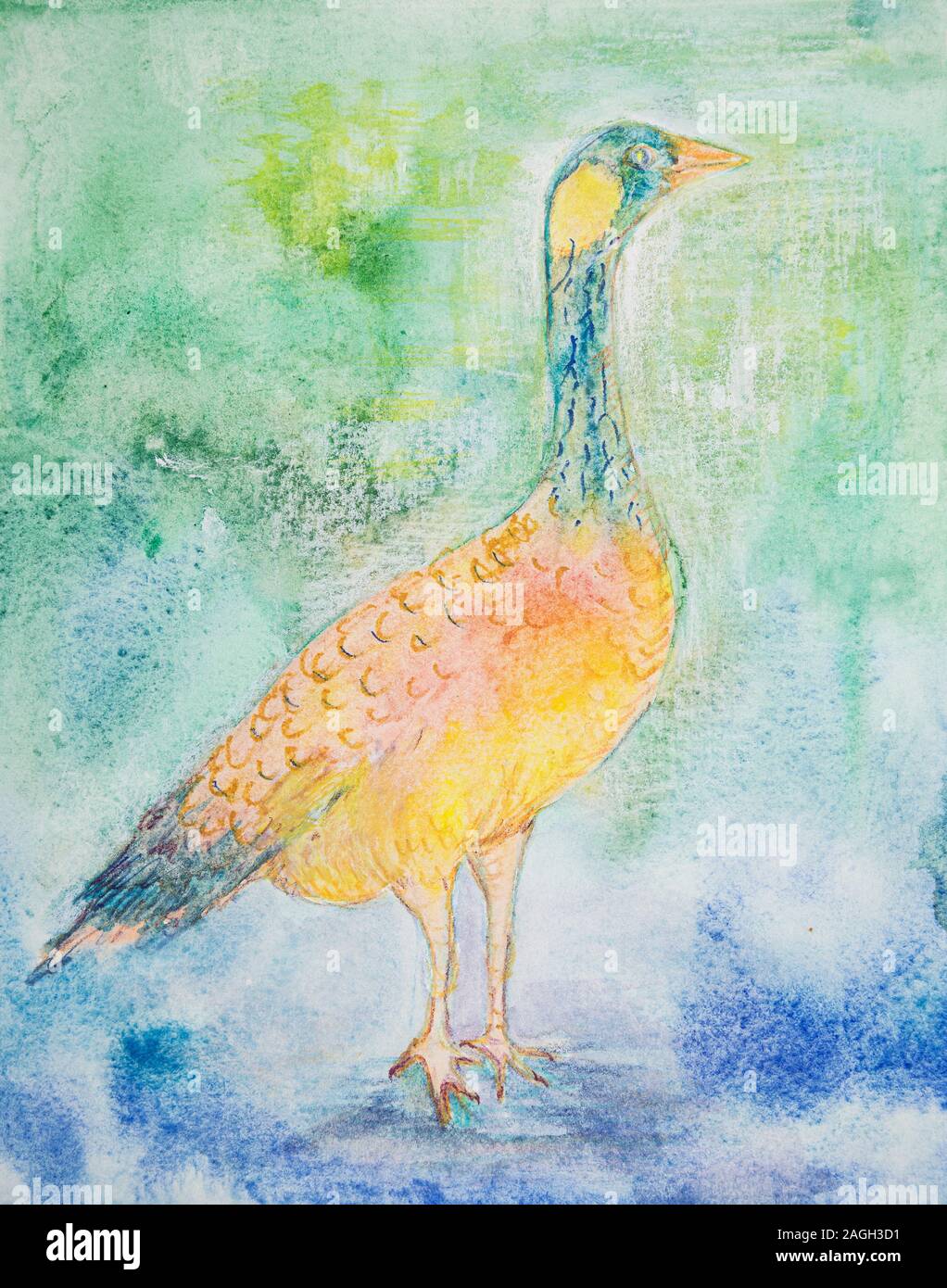 Nene goose on a pink and yellow background. The dabbing technique near ...