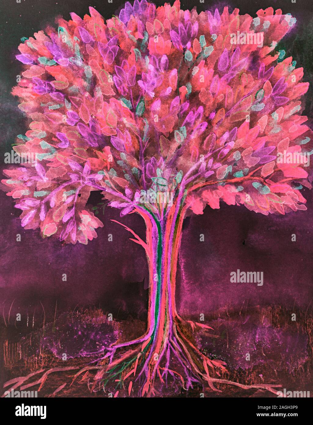 Psychedelic tree of life in the summer. The dabbing technique near the ...