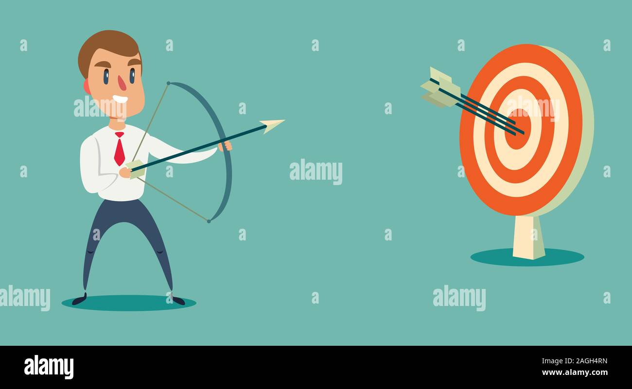 Successful businessman character shoots or aiming at the target ...