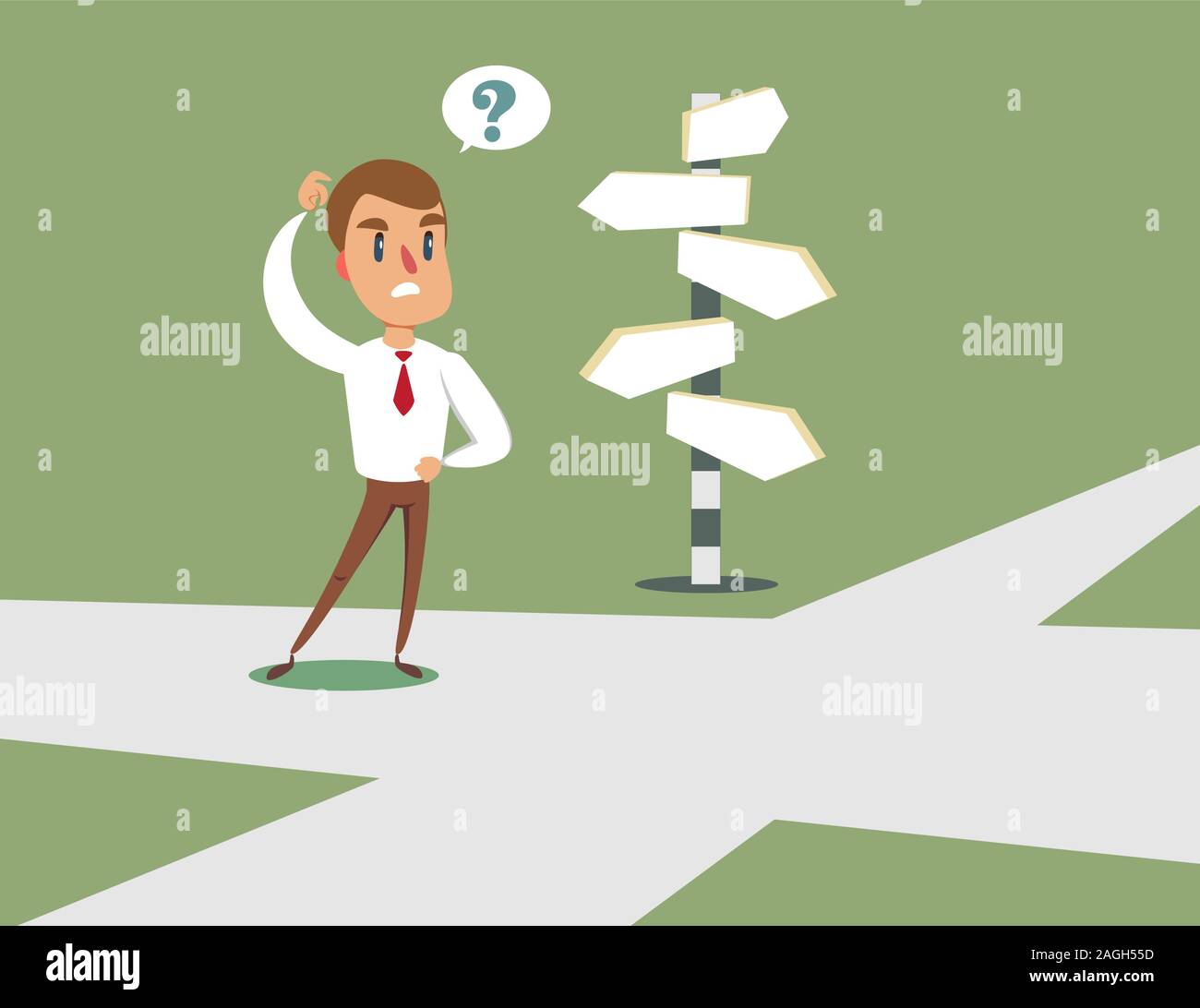 Businessman standing at cross road confused by direction signs. Choices ...