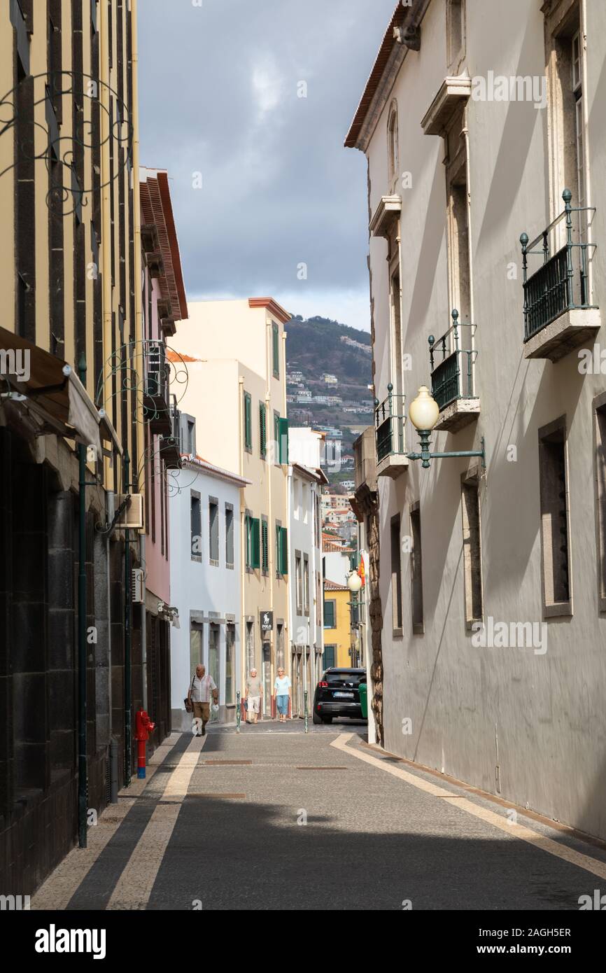 Narrow street in downtown district, Funchal, Madeira, Portugal Stock ...
