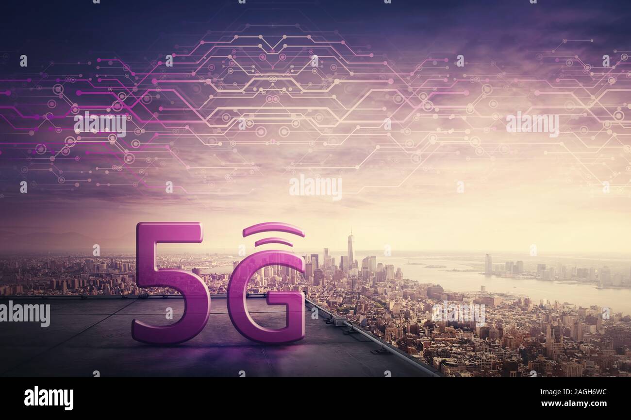 5G high speed network connection, icon hologram on the rooftop of a ...