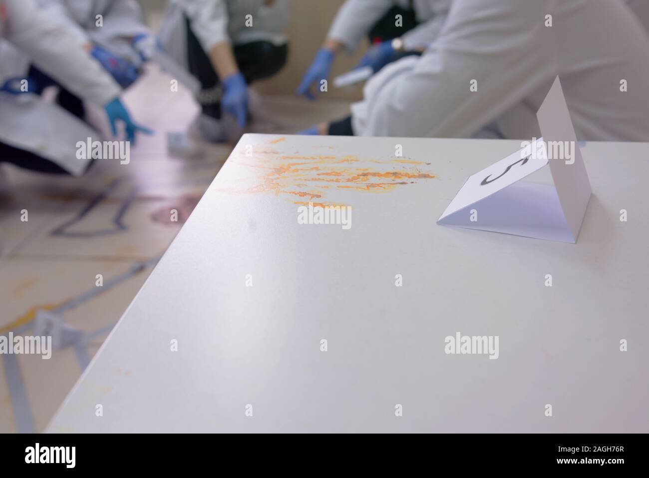 Forensic technicians taking DNA sample from blood stain with cotton ...