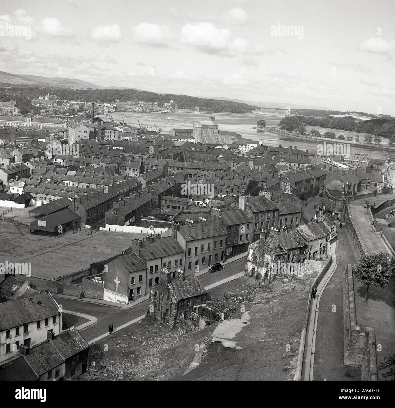 1950s, historical, overhead view over the city's victorian terraced ...