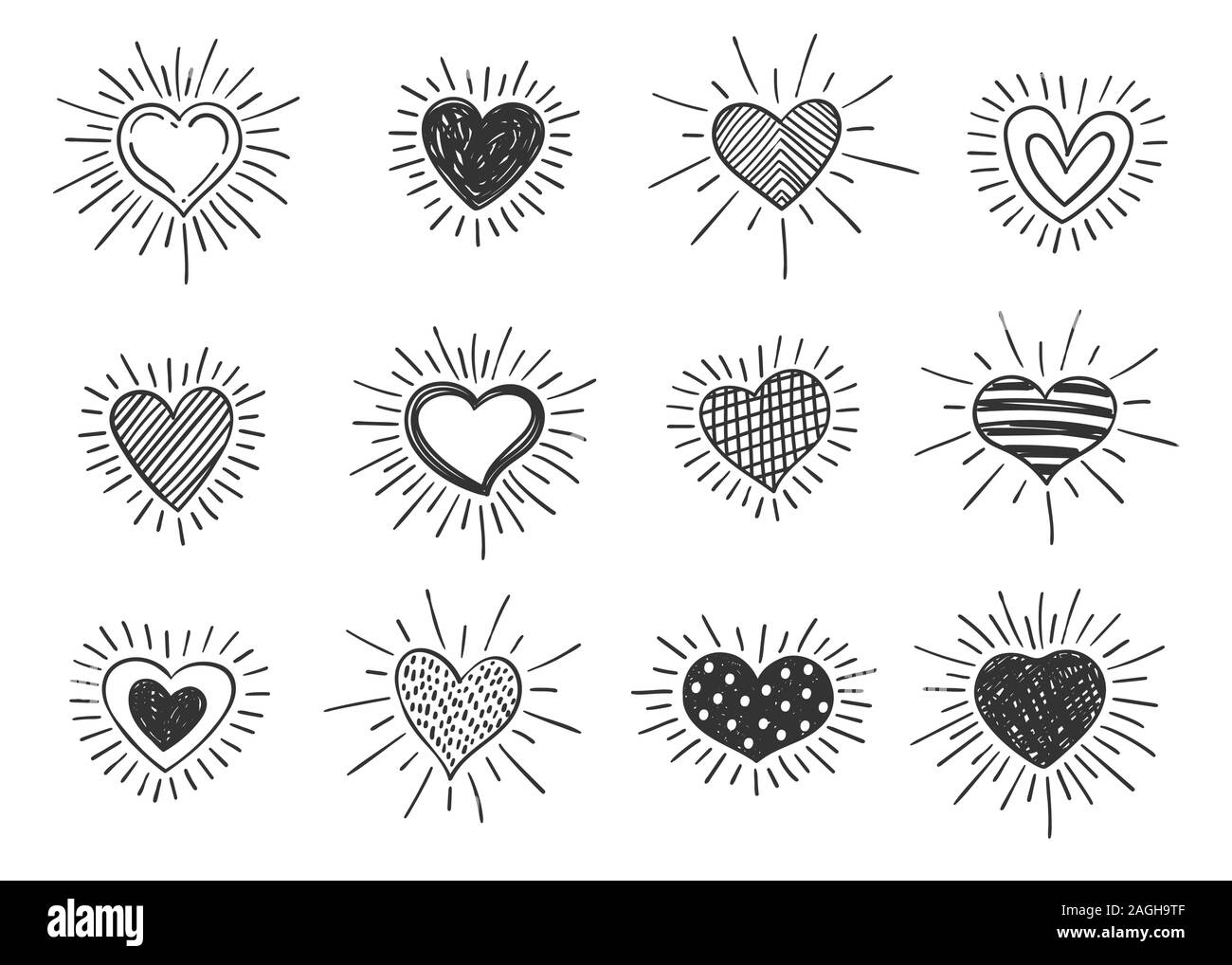 Set of doodle decorated heart shaped symbols with retro styled sun rays ...