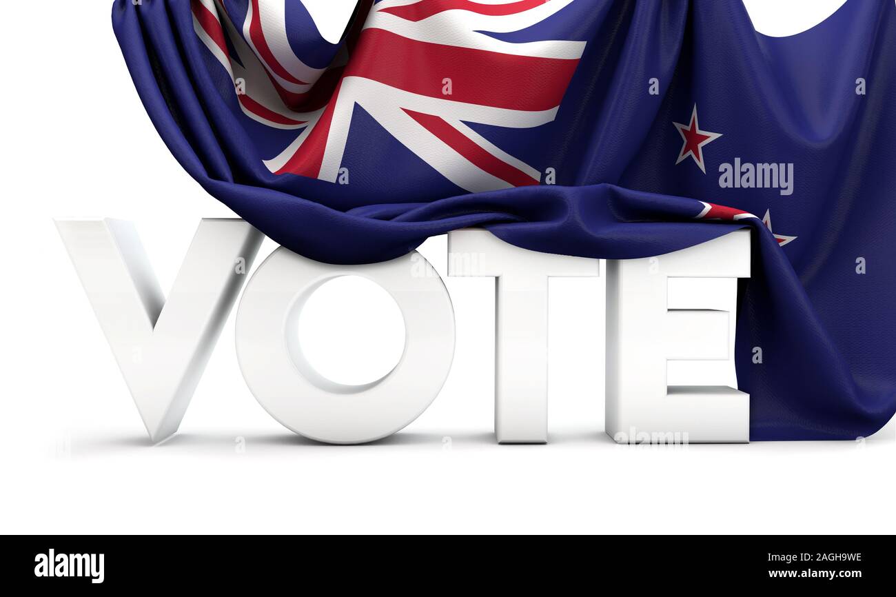 New Zealand vote concept. Vote word covered in national flag. 3D Render ...