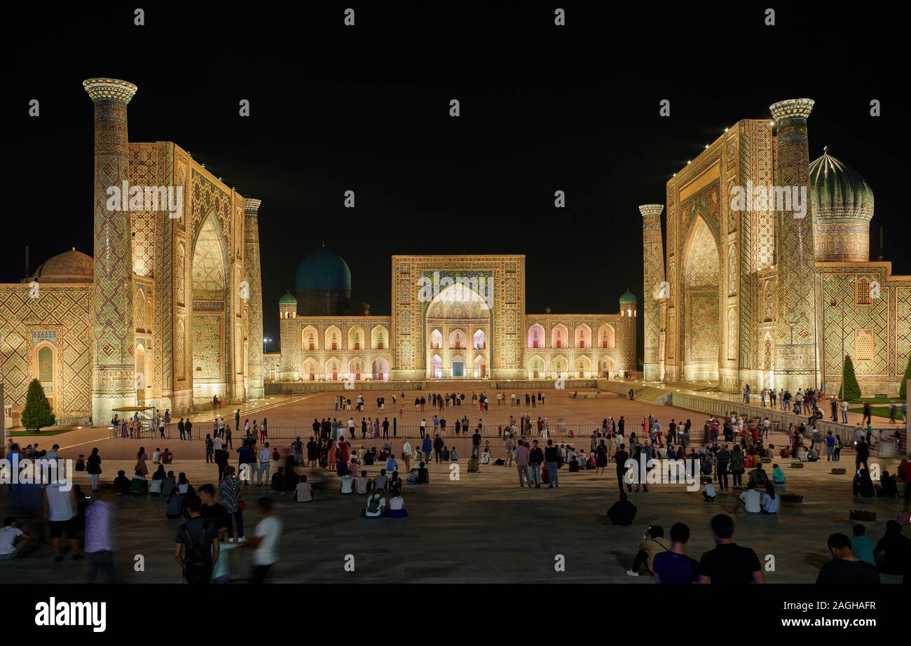 colorful illuminated famous Registan of Samarkand, Uzbekistan, Central ...