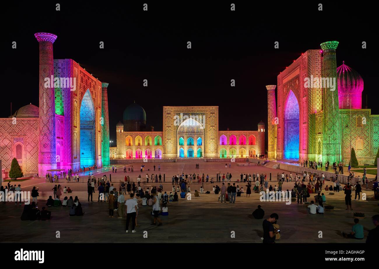 colorful illuminated famous Registan of Samarkand, Uzbekistan, Central ...