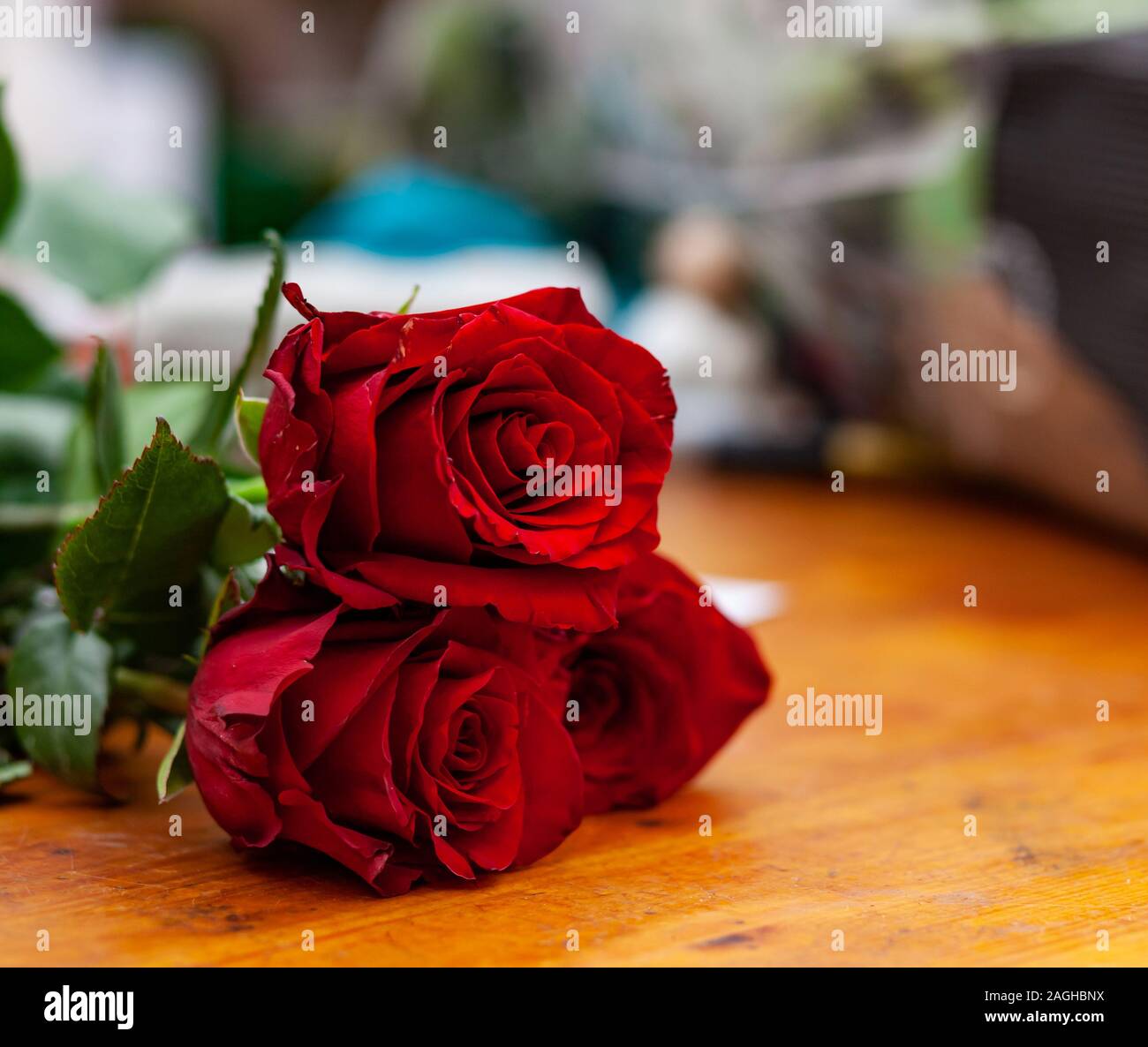 Long-stemmed red roses before being packaged. The flowers are on the ...