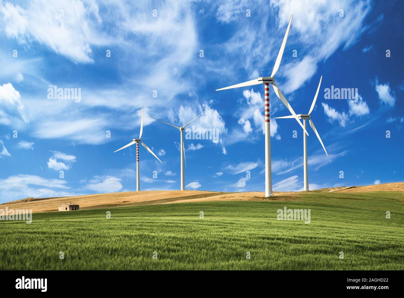 countryside landscape with rural farmhouse and wind generators Stock ...