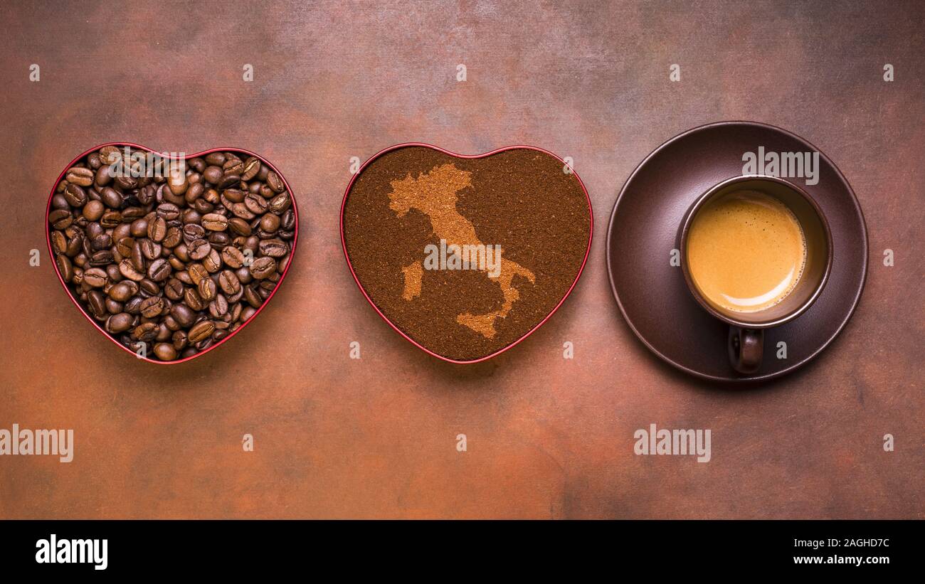 cup of espresso coffee, roasted coffee beans and map of Italy Stock ...