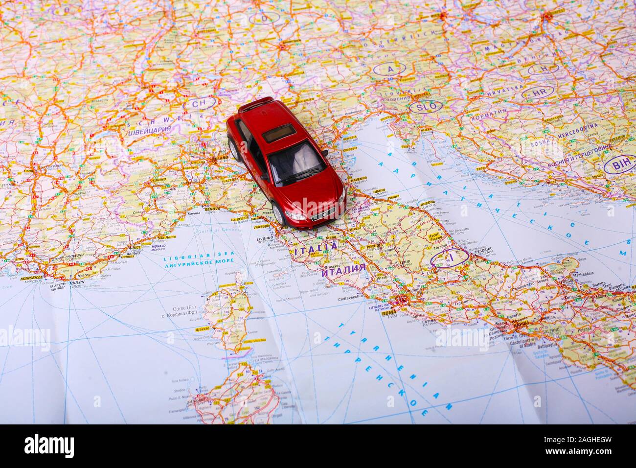 red car toy on map of Europe Stock Photo - Alamy