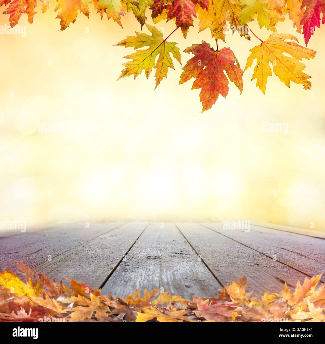 Wooden Table With Colored Leaves And Blurred Autumn Background Stock ...