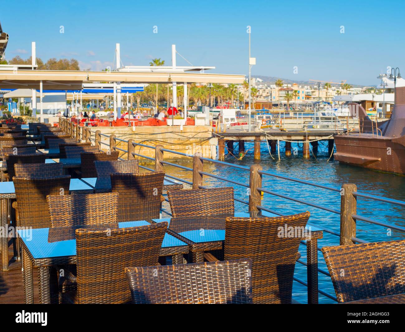 Sea restaurant in Paphos marina at sunset. Cyprus Stock Photo - Alamy