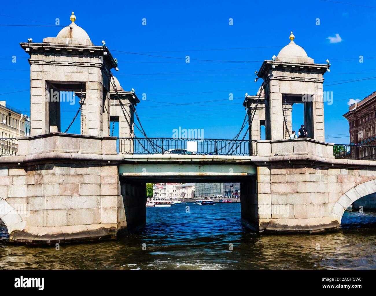 View of Lomonosov bridge across the Fontanka river in St. Petersburg ...