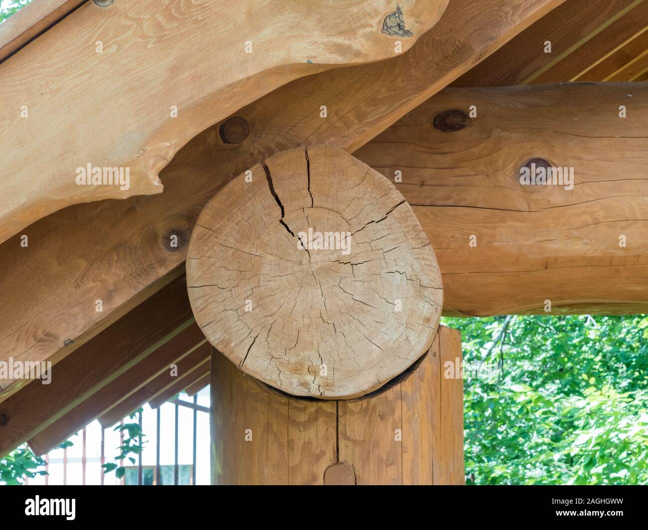 The butt of a round sawn tree built arbor in the yard Stock Photo - Alamy
