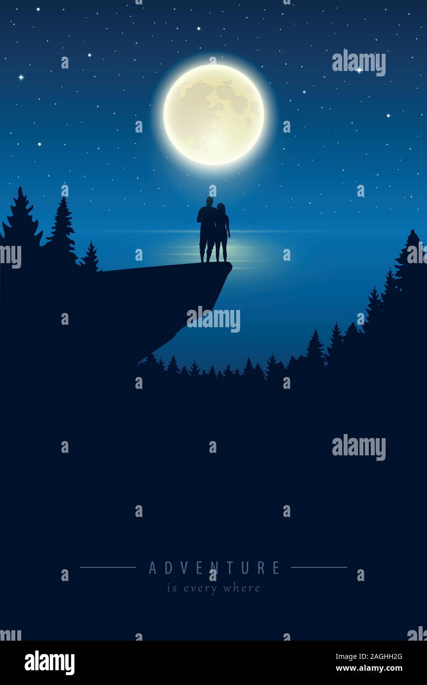 couple on a cliff by the lake with full moon in a starry night vector ...