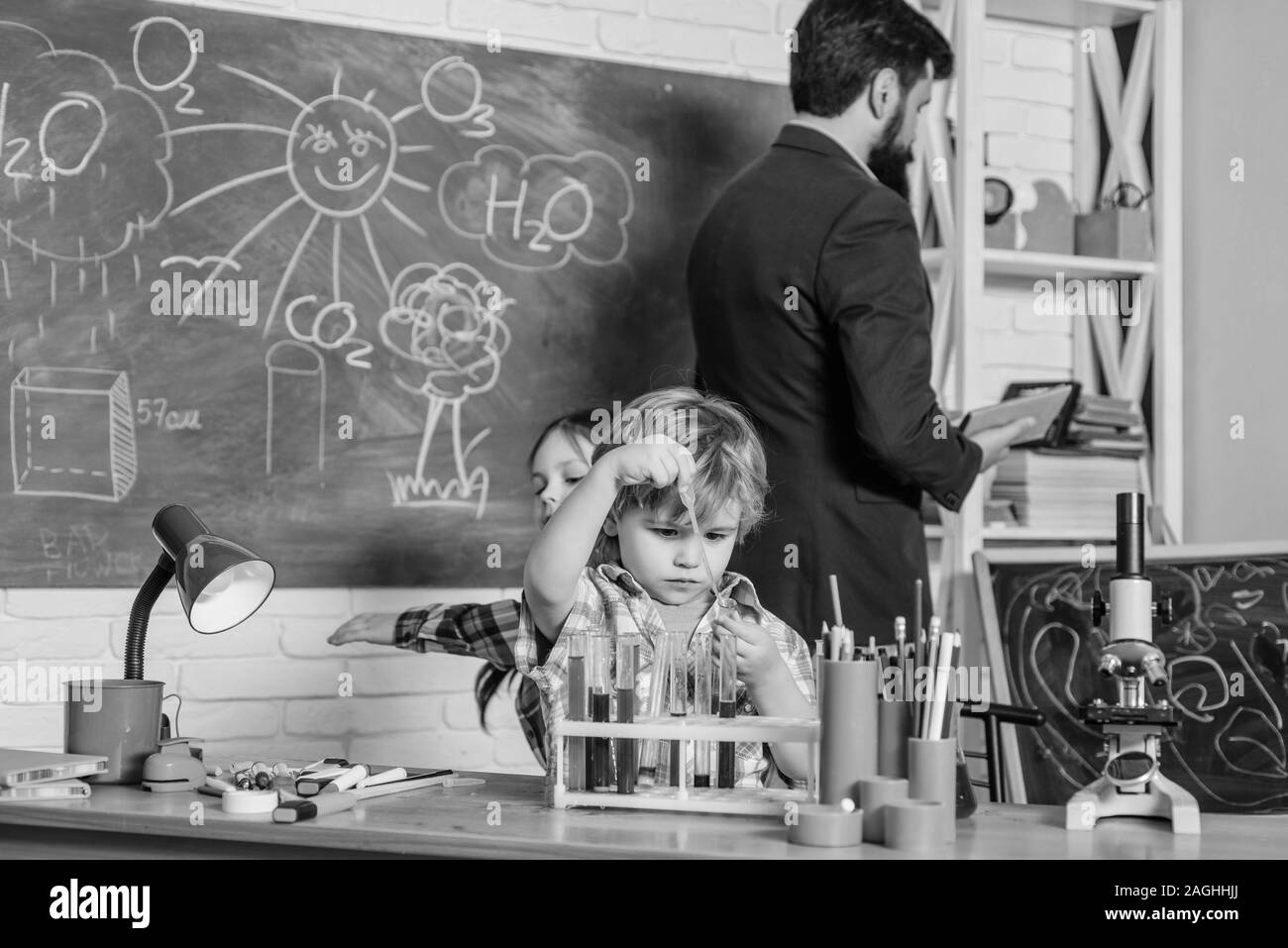 children making science experiments. Education. chemistry lab. happy ...