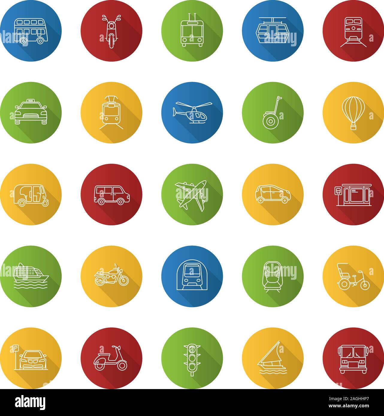 Public transport flat linear long shadow icons set. Water, land and air ...