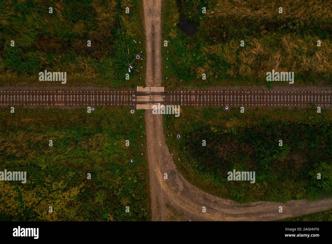 Aerial view shows the intersection of the railway tracks in the field ...