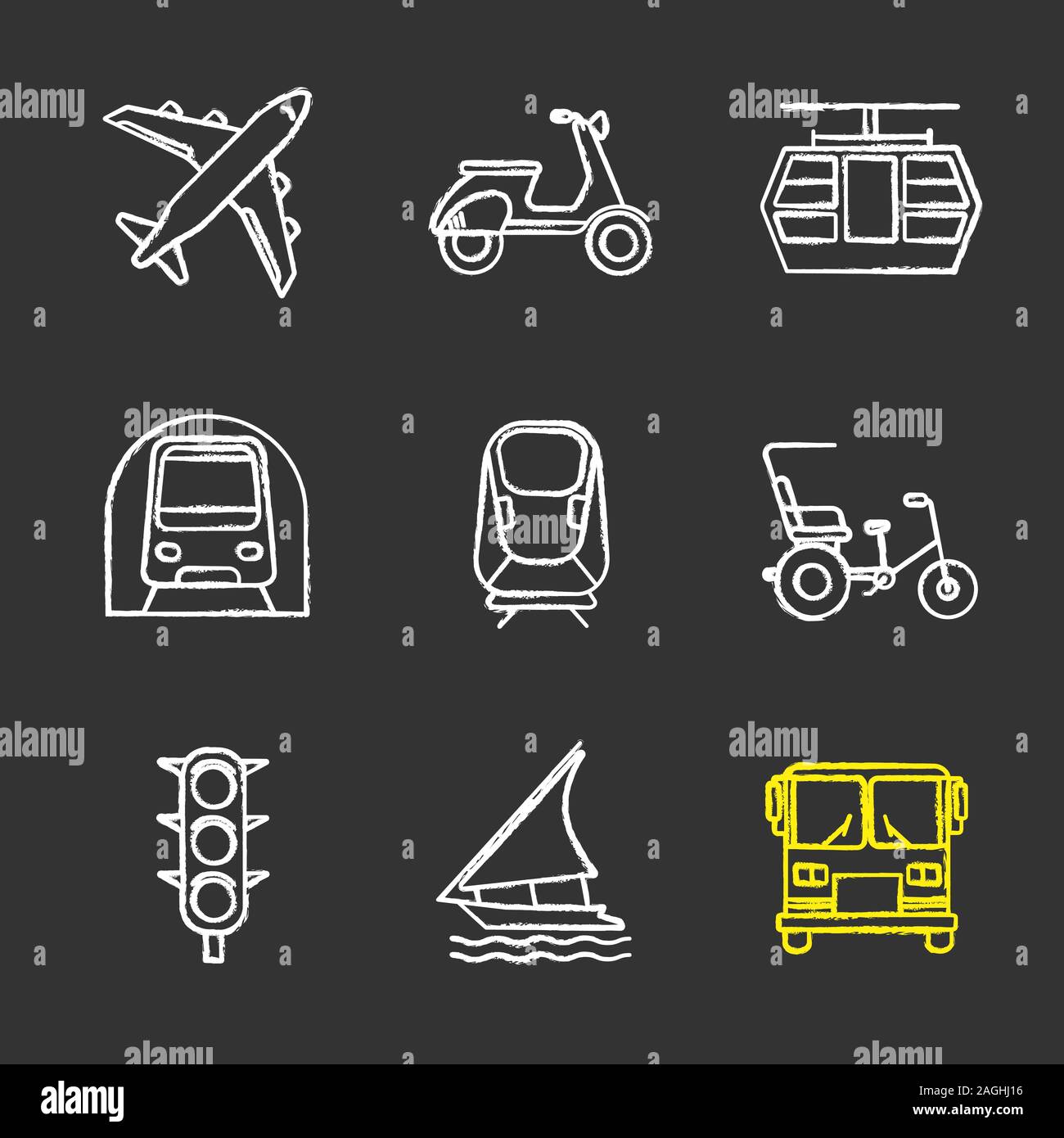 Public transport chalk icons set. Modes of transport. Airplane, scooter ...