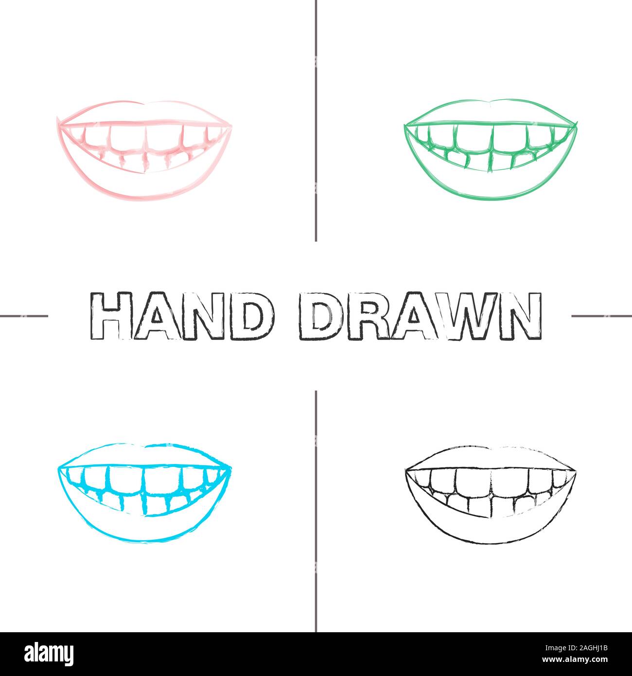 Beautiful smile with healthy teeth hand drawn icons set. Color brush ...