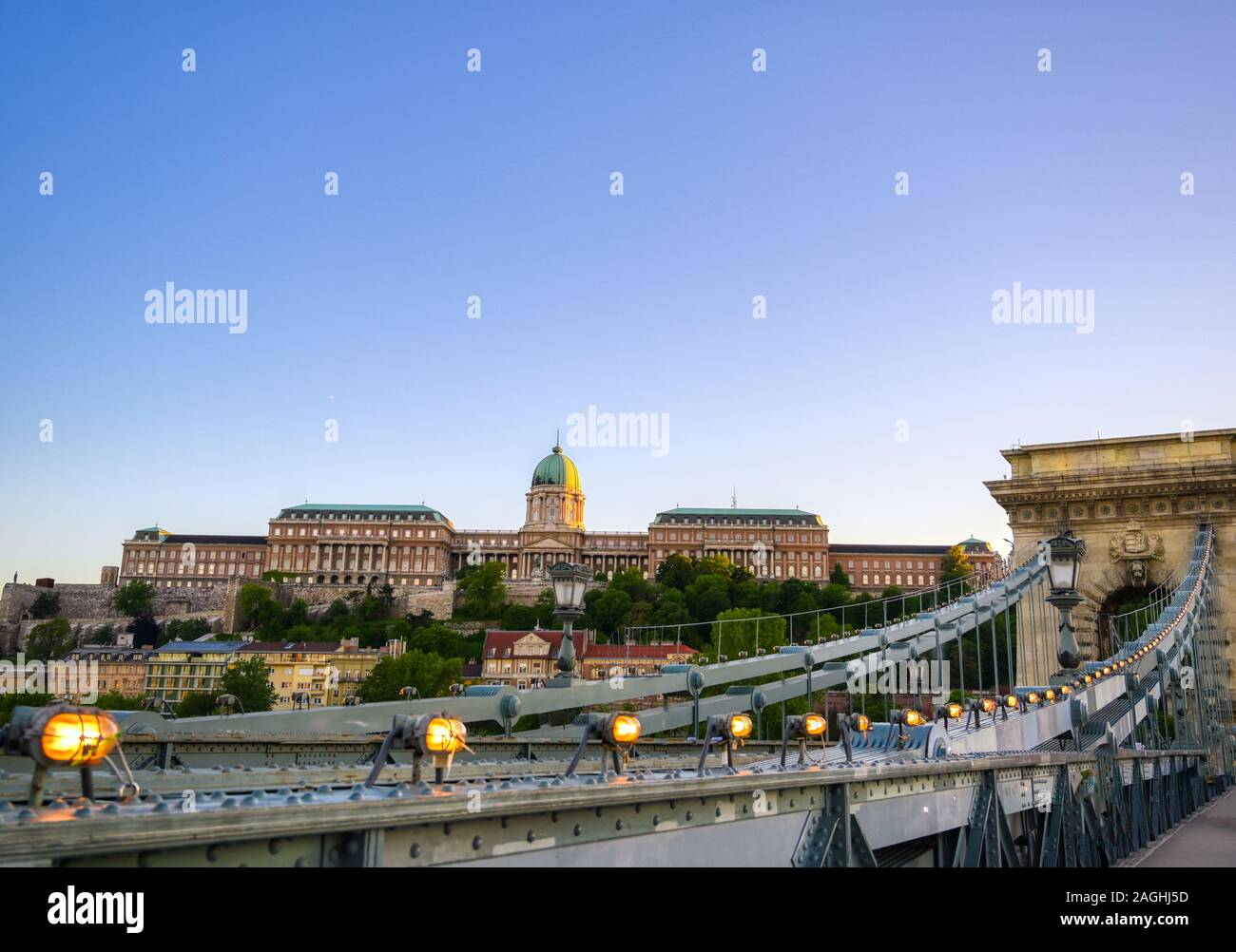 The exterior of Buda Castle from the Chain Bridge located in Budapest ...