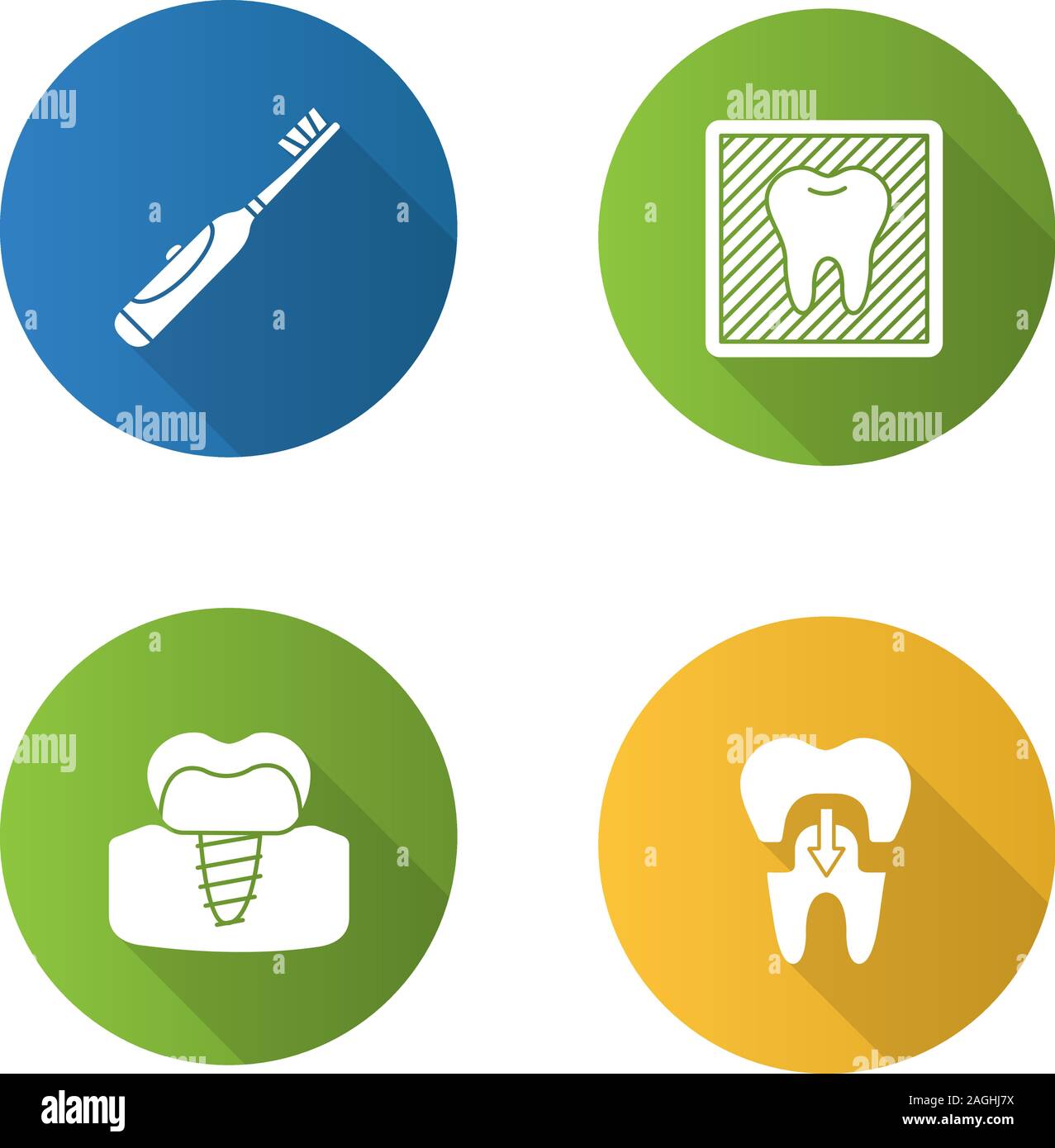 Dentistry flat design long shadow glyph icons set. Electric toothbrush ...