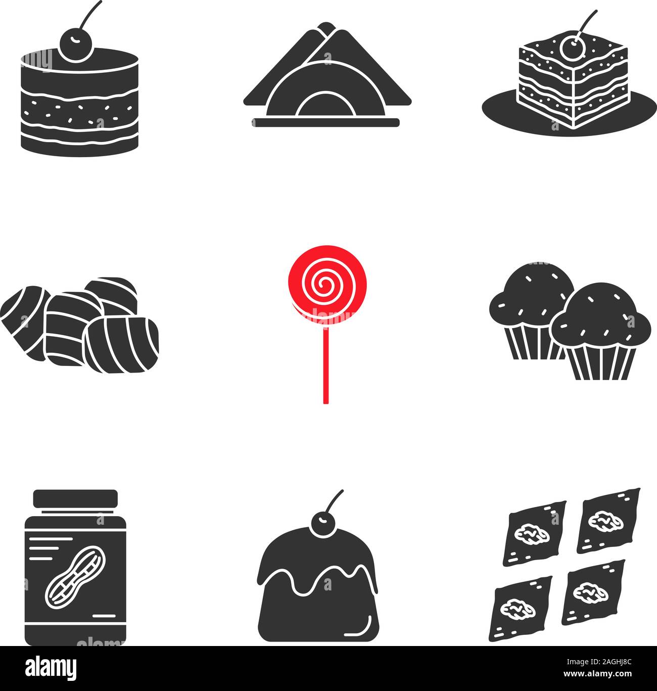 Confectionery glyph icons set. Silhouette symbols. Tiramisu, cake ...
