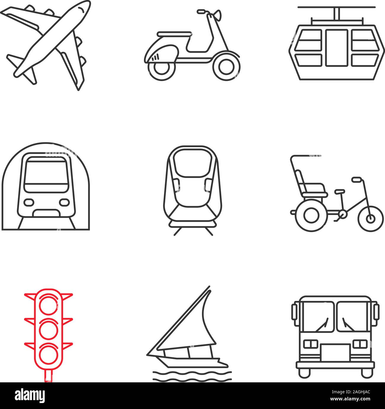 Public transport linear icons set. Thin line contour symbols. Airplane ...