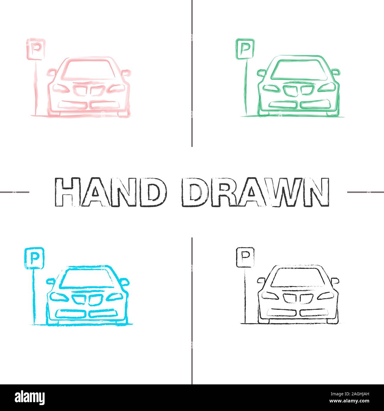 Parking zone hand drawn icons set. Car with P road sign. Color brush ...