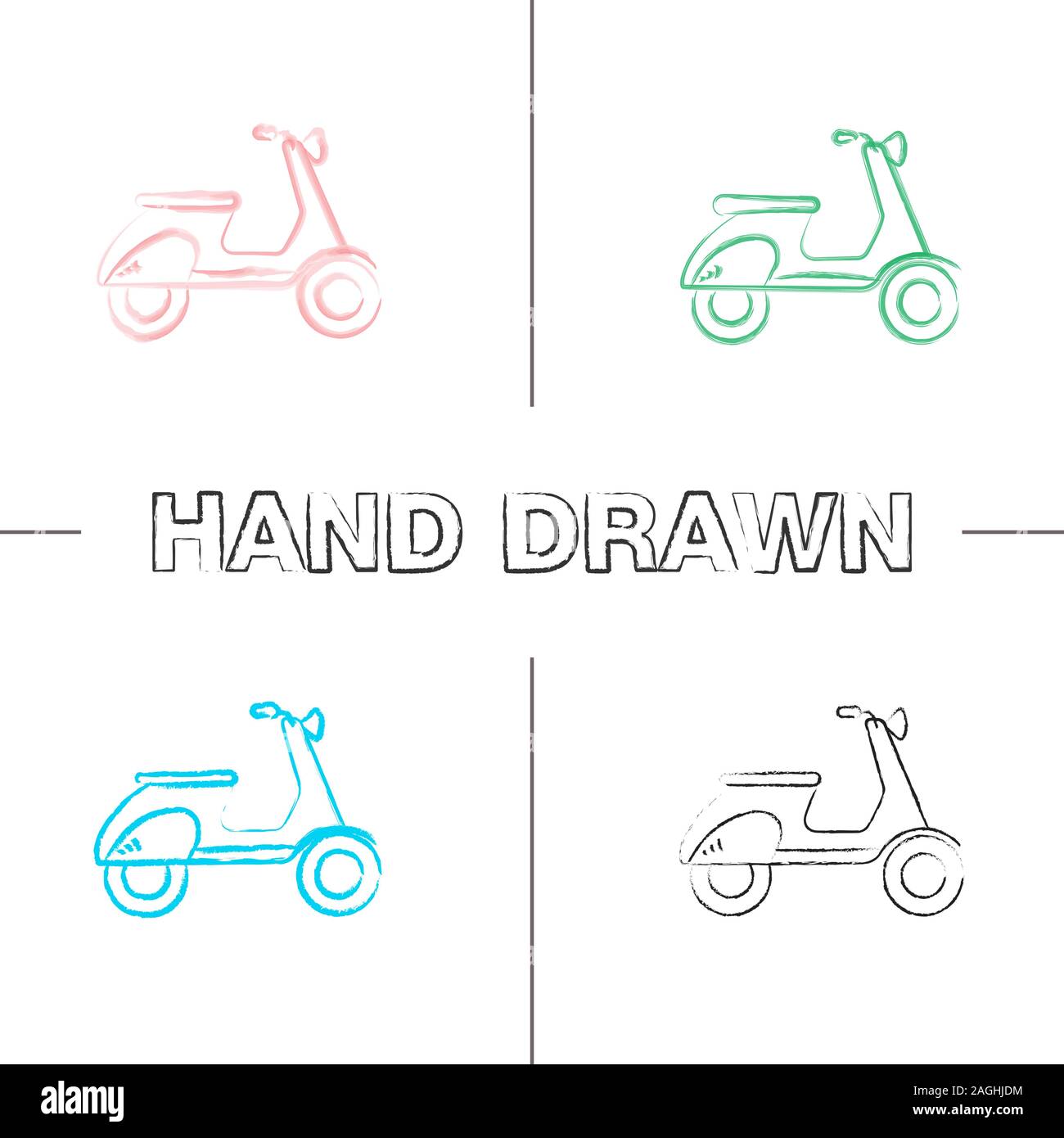 Scooter side view hand drawn icons set. Motorbike. Color brush stroke ...